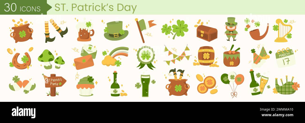 St. Patrick day vector icons set isolated on white background. Elements ...