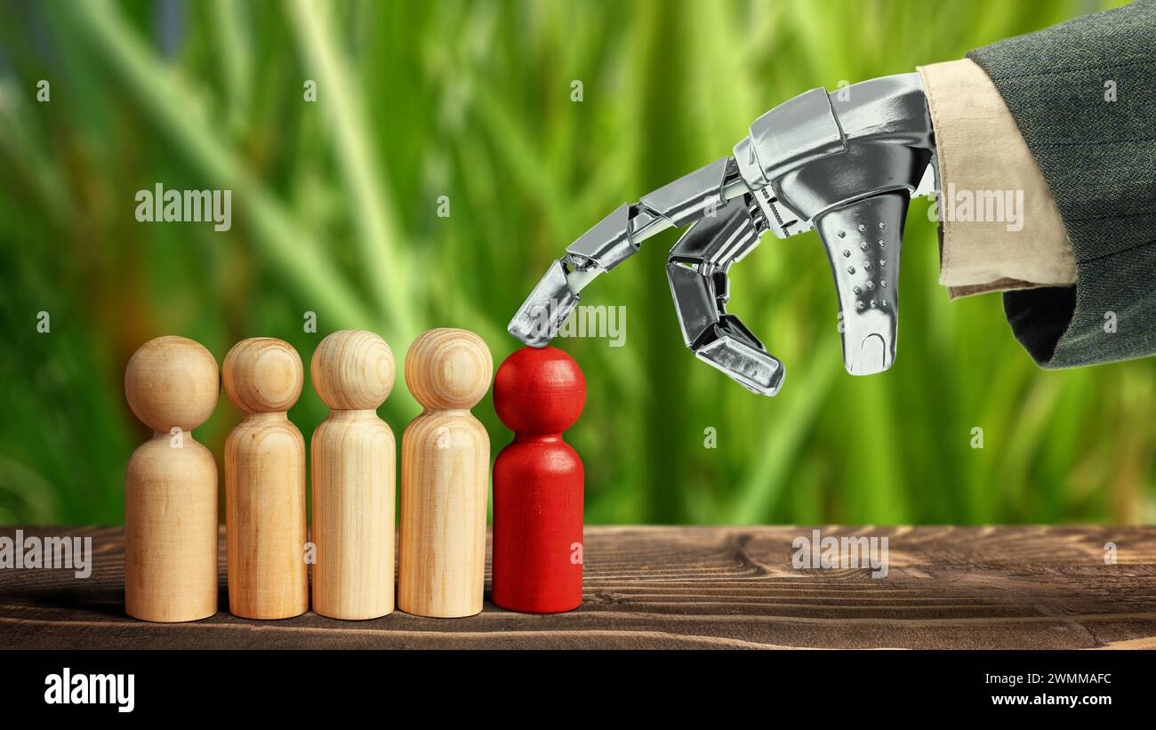 Robot hand pointing red human made by wooden blocks with employee ... Robot hand pointing red human made by wooden blocks with employee ...
