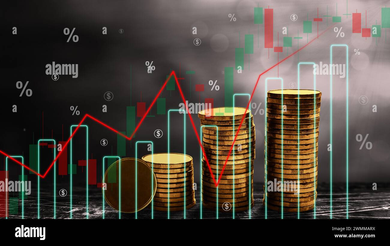 Stair stack of the golden coin with symbol of rising inflation graph ...