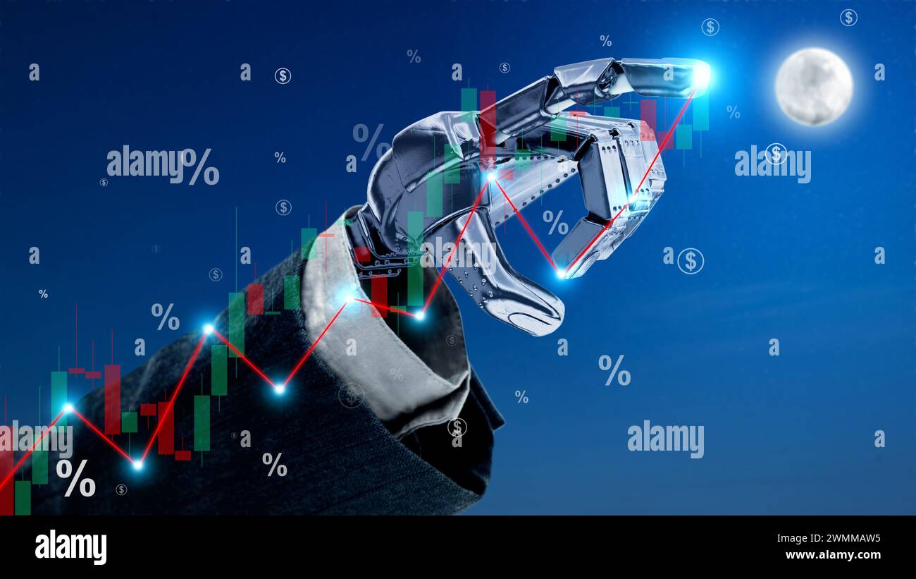 Robotic hand pointing virtual rising inflation rate graph arrow. Inflation concept Stock Photo ...