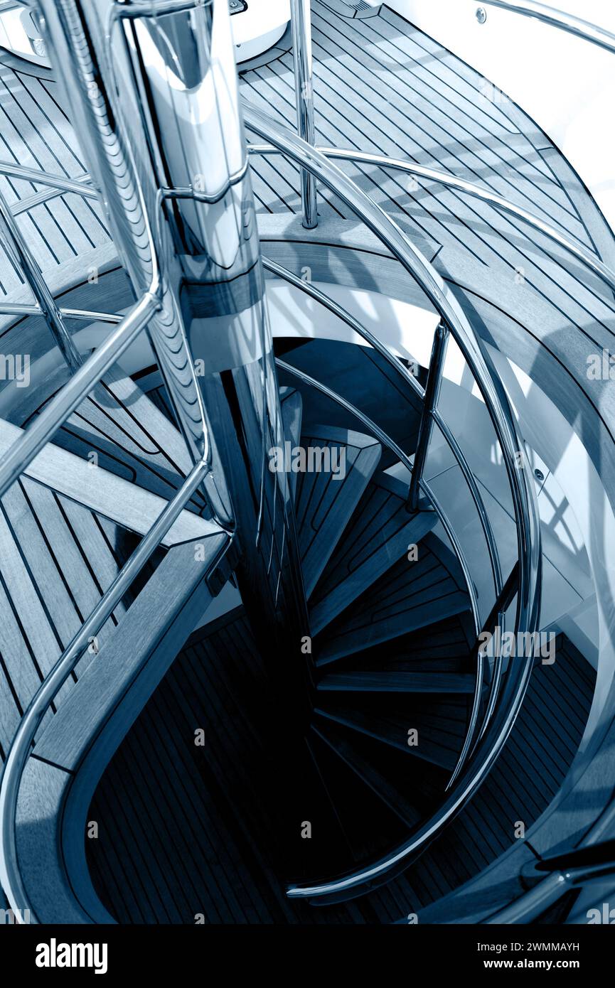 Luxury yacht stairs with wooden steps Stock Photo - Alamy