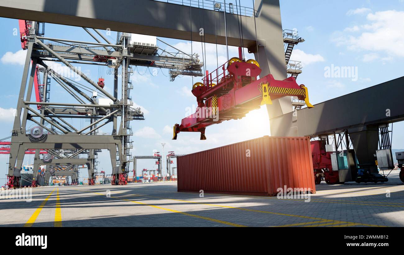 Crane unloading container in the port Stock Photo - Alamy