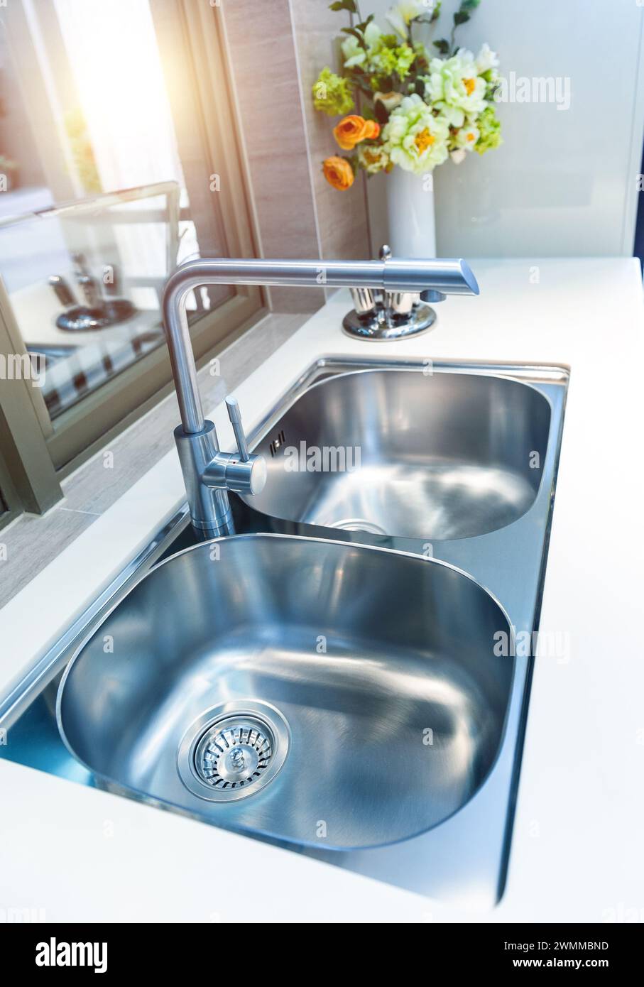 Interior of modern kitchen with stanless steel double sink Stock Photo ...