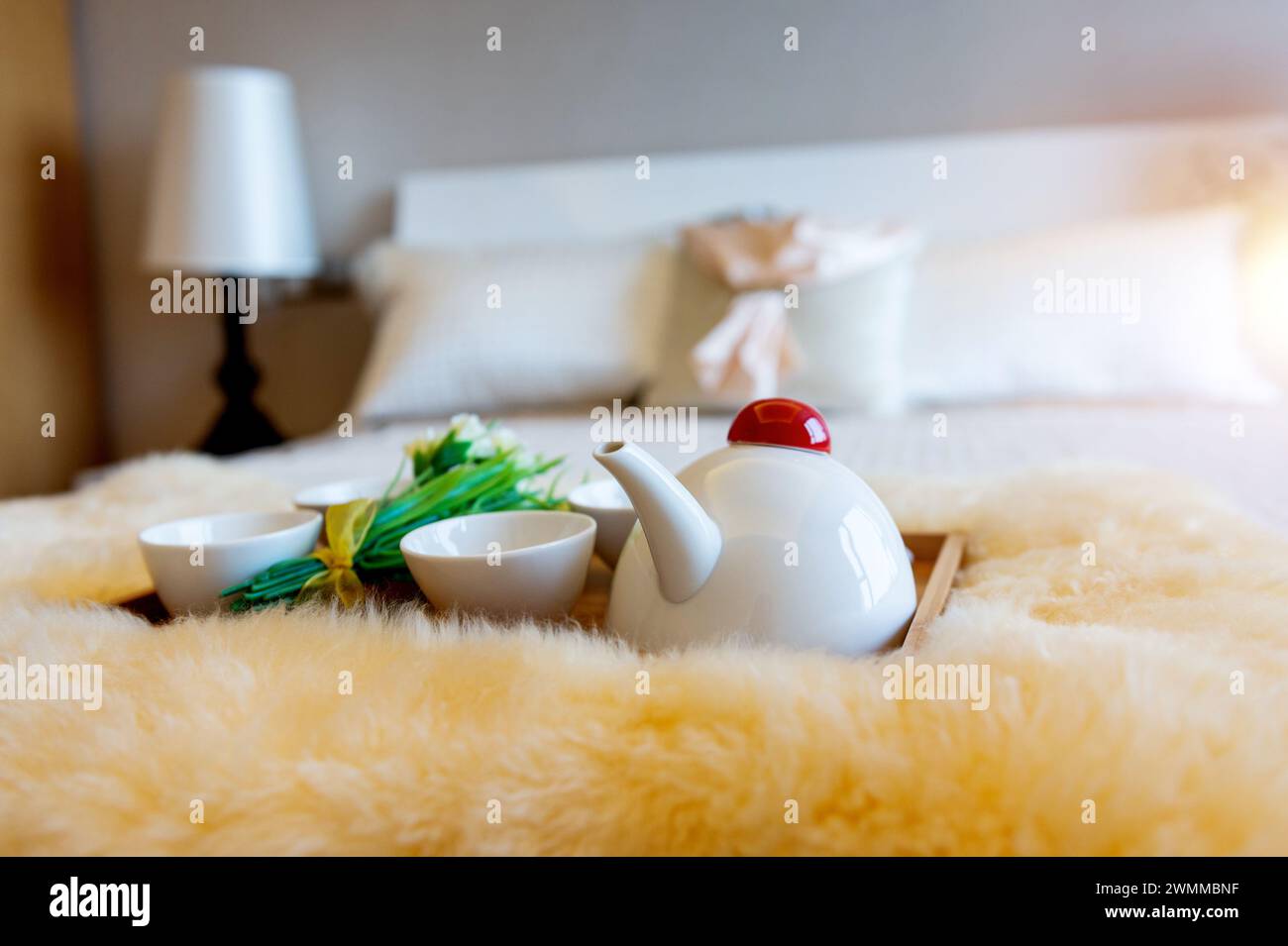 Luxury bedroom interior with beverage on the bed Stock Photo - Alamy