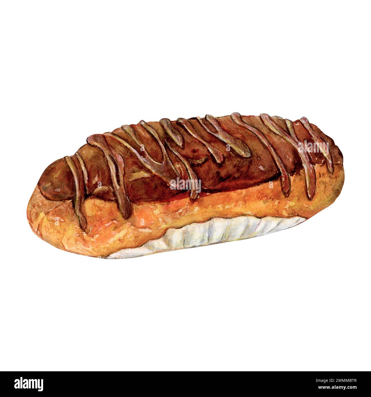 Cake eclair chocolate watercolor drawing cream. Icing bakery tasty ...