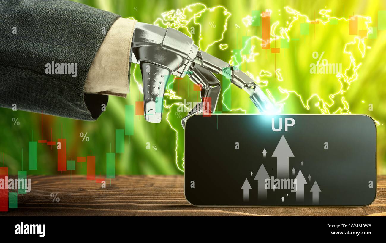 Robotic hand showing mobile phone screen with increases in ...