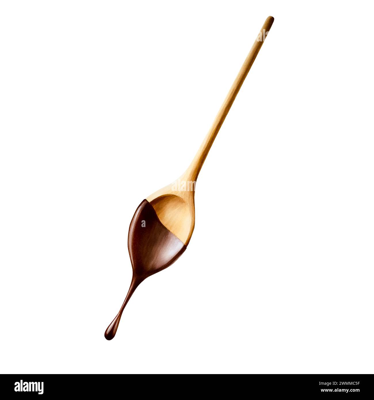 Watercolor wooden spoon with melted liquid chocolate. Hand drawn ...
