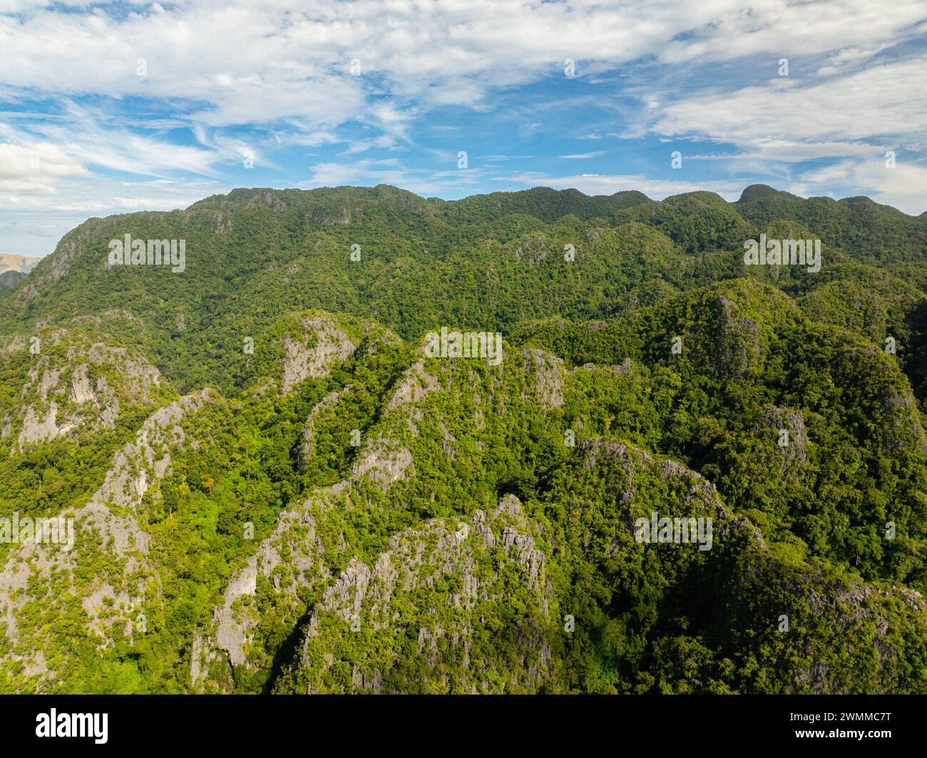 Drone view of mountain peaks in Coron. Blue sky and clouds. Palawan ...