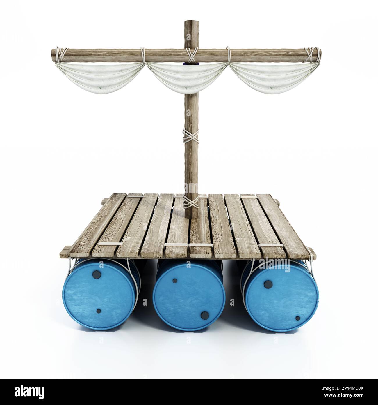Wooden raft with floating empty barrels on the lower side isolated on ...