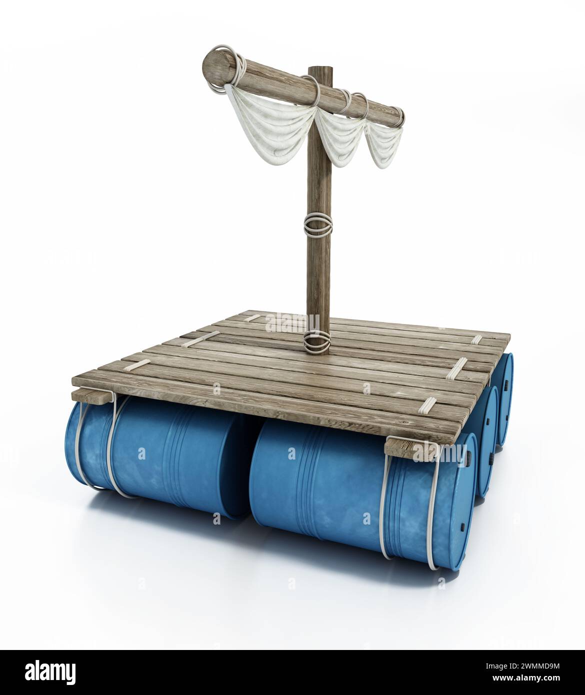 Wooden raft with floating empty barrels on the lower side isolated on ...