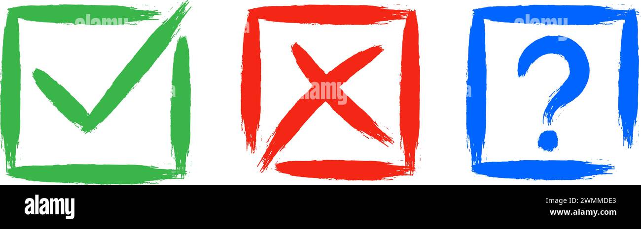 Dirty grunge cross x, tick OK and question check marks in check boxes ...