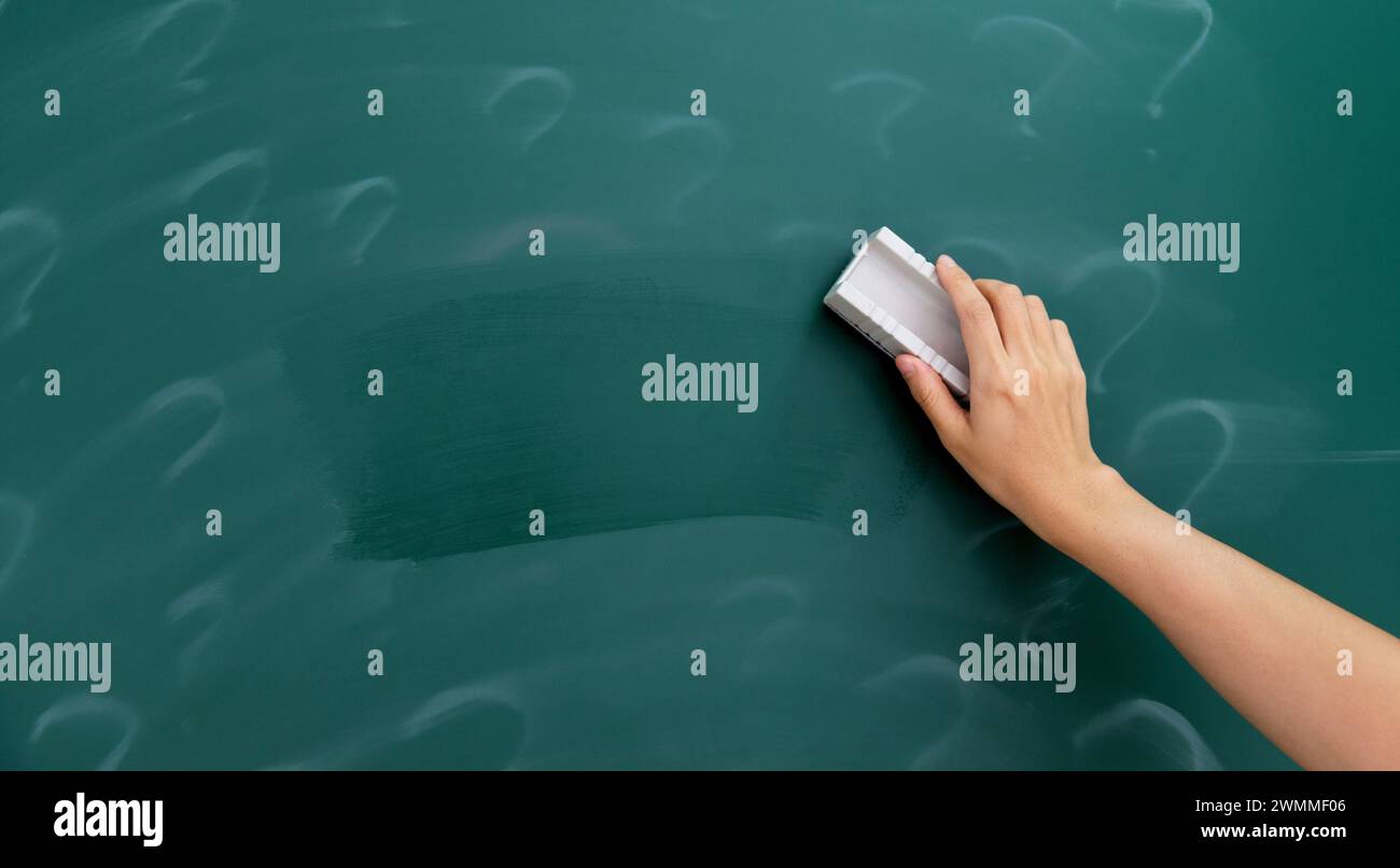 Woman's hand erasing question mark on chalkboard Stock Photo - Alamy