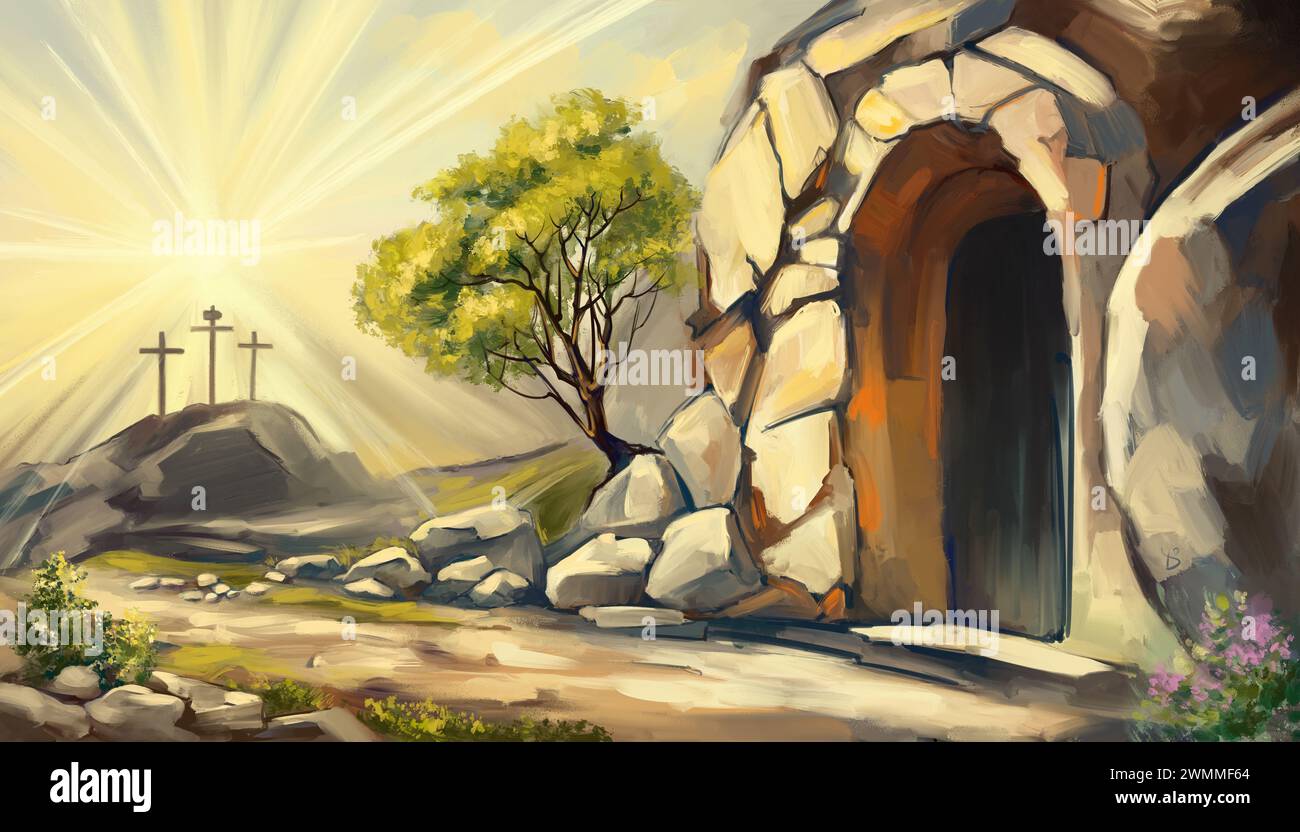 Easter Jesus Christ rose from the dead. Sunday morning. Dawn. The empty ...