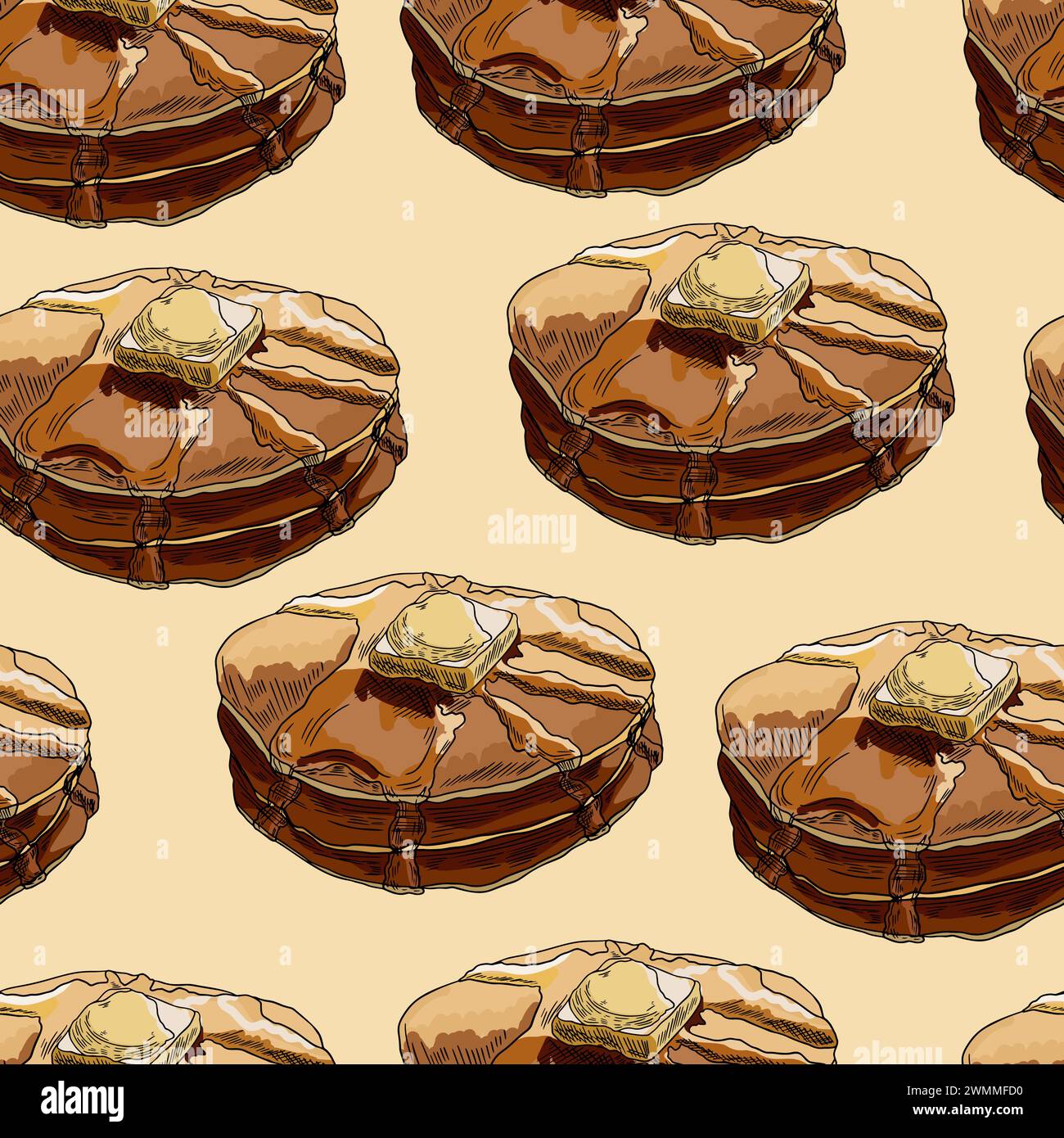 Pancakes with Butter Sketch Hand Drawn Seamless Pattern Background ...