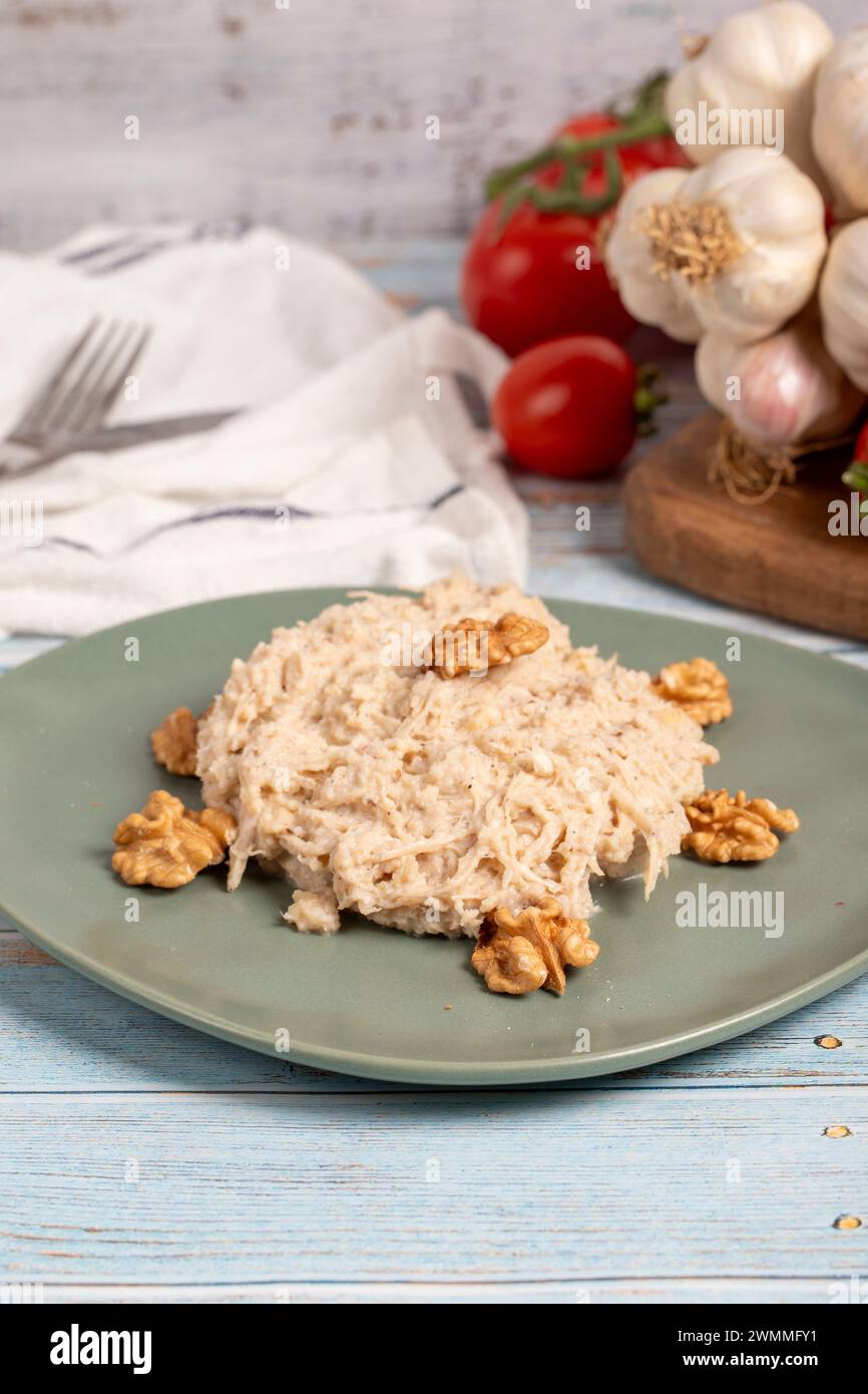 Circassian chicken dish. Appetizer dishes. Salad with flour, walnuts ...