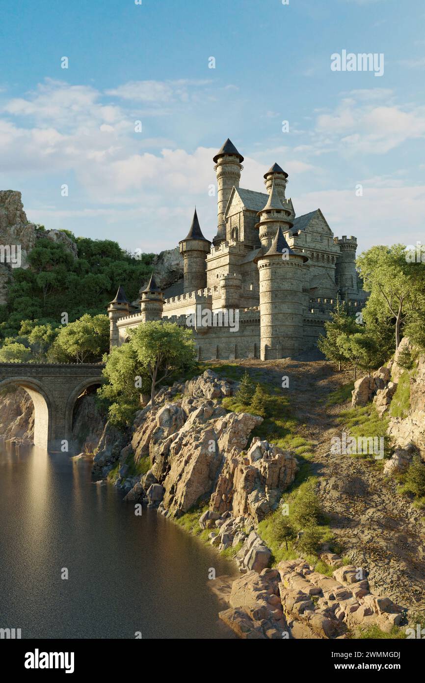 Castle by placid lake, with towers rising amid verdant foliage ...