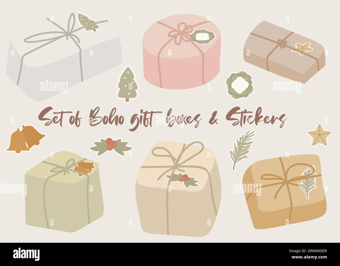 Set of Gift Boxes Boho Colors with Stickers Stock Photo - Alamy