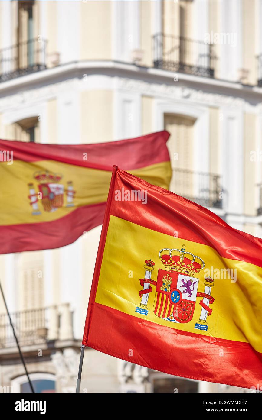 Spanish flags and coat of arms. Nation emblem. Spain Stock Photo - Alamy
