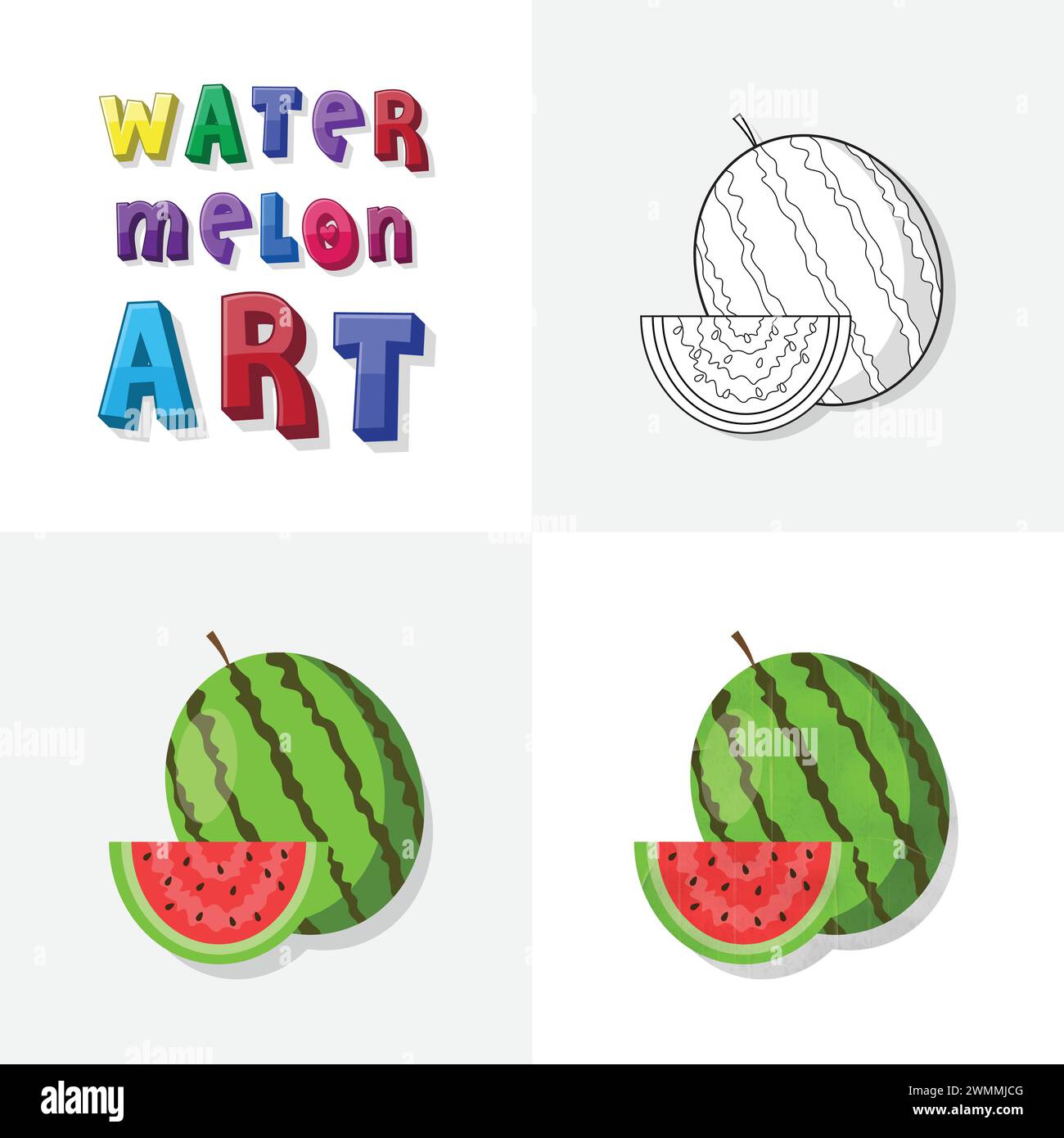 Watermelon art sketch, colouring page, flat and realistic watermelon ...