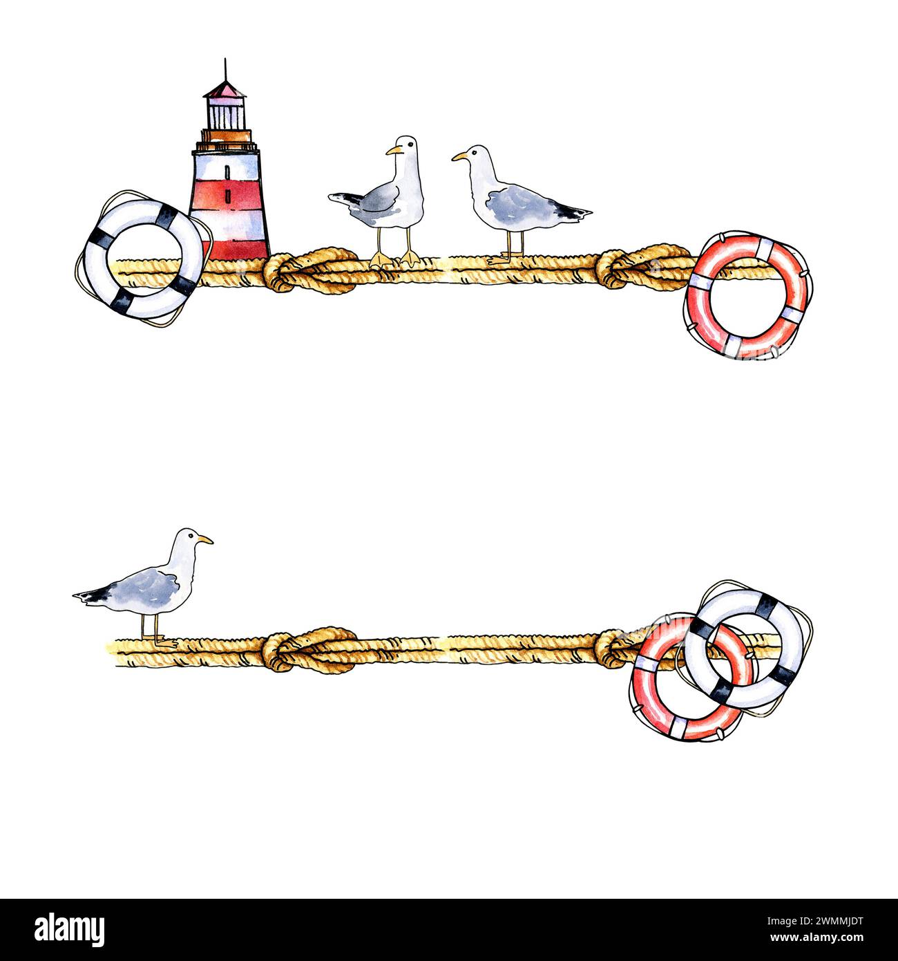 watercolor frame from old vintage knot, old lighthouse with lifeline ...