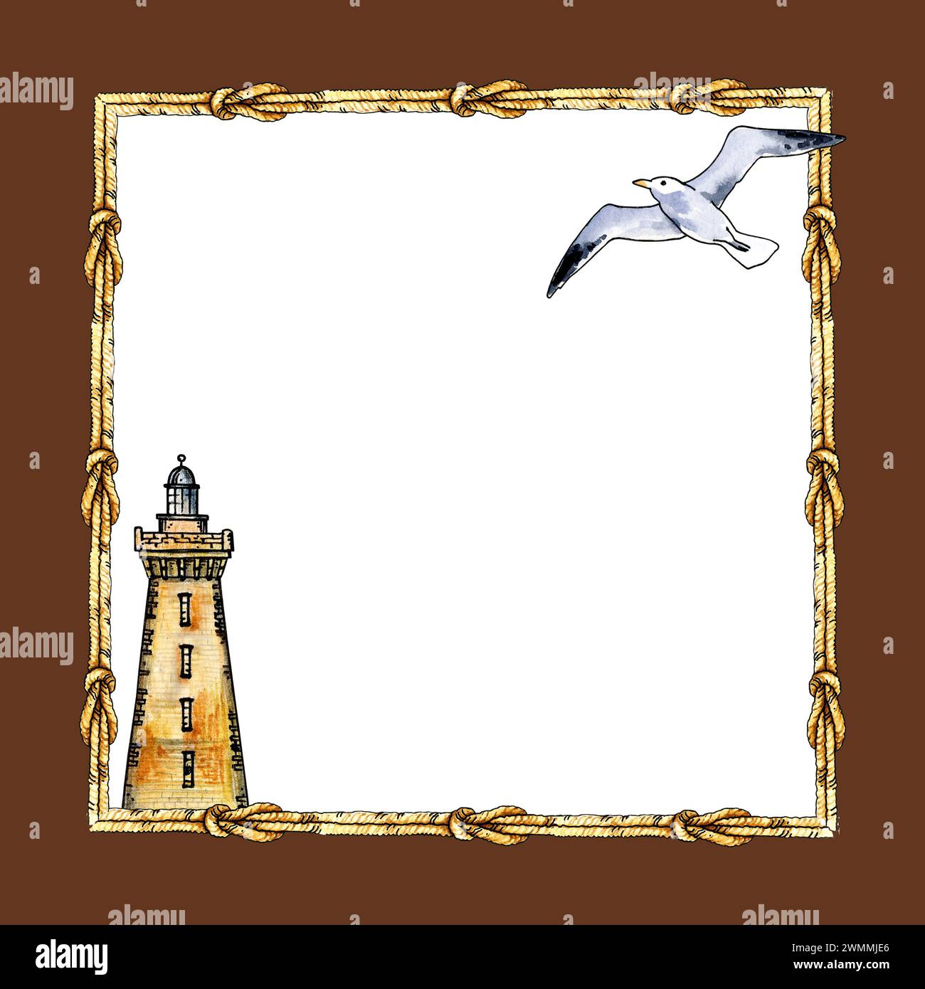 watercolor white frame from old vintage knot, old lighthouse with ...