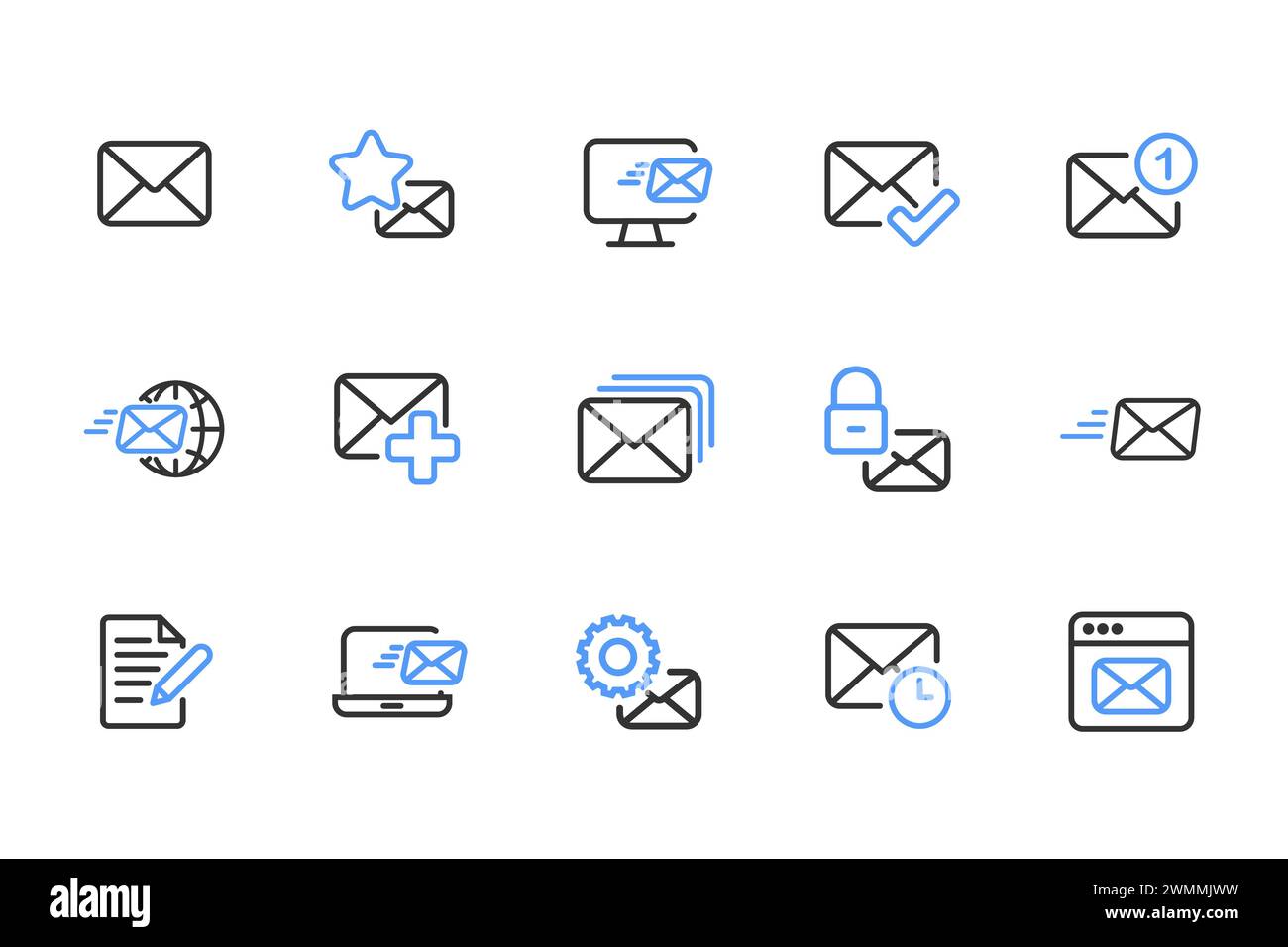 Mailing outline icon set black and blue. Containing mail, email ...