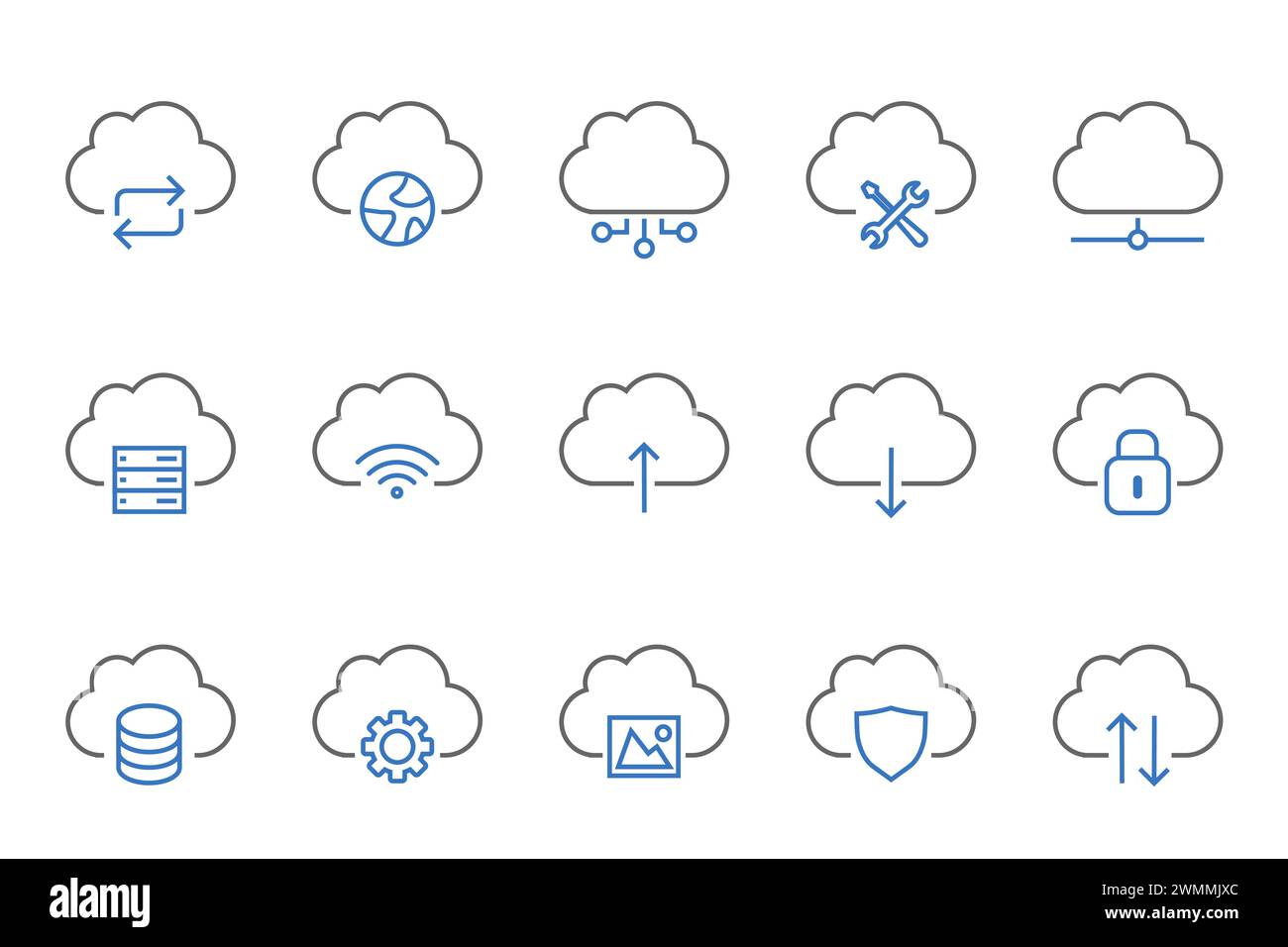Set of 15 line icons related to data exchange, traffic, files, cloud ...