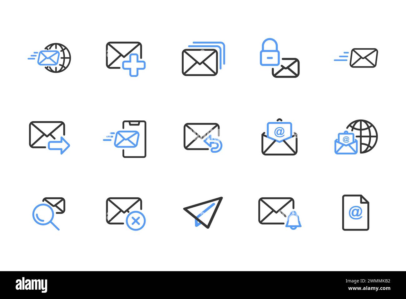 Mailing outline icon set black and blue. Containing mail, email ...