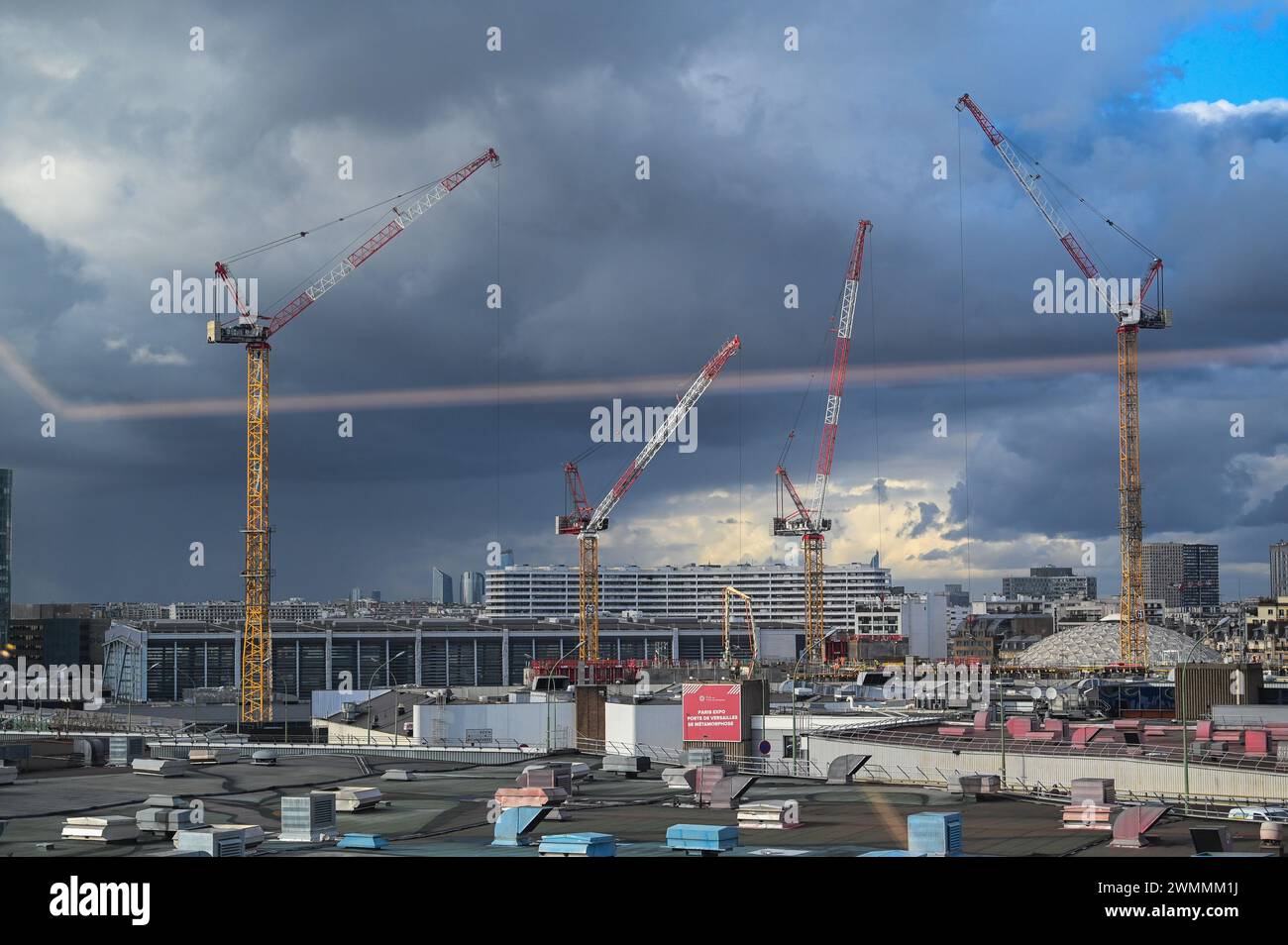 Paris, France, February 2024, Construction site with tower crane, House ...