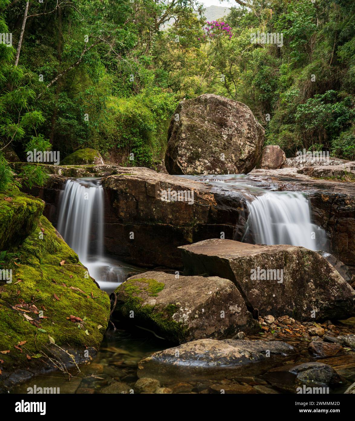 Tranquil Double Waterfall Descending on Rocky River Amidst Jungle Stock ...