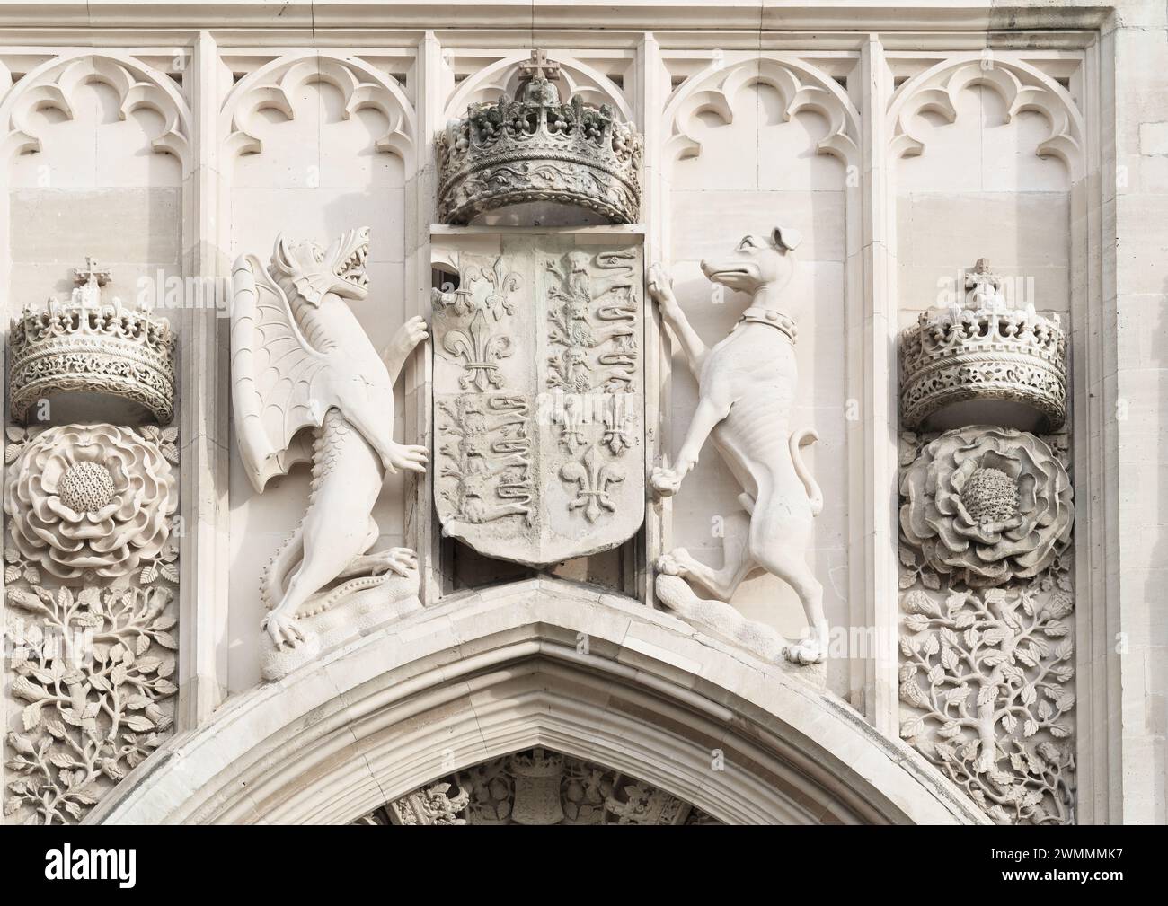 Tudor dragon and greyhound with crown and coat of arms above the west ...