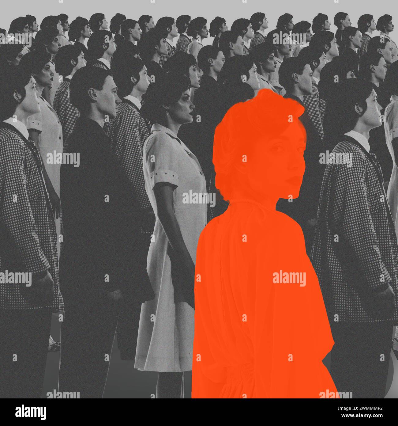Orange female silhouette standing in monochrome crowd of people ...