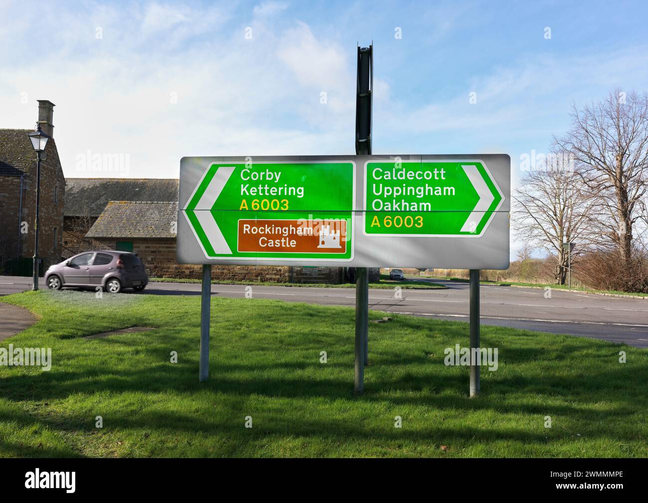 Road sign for Rockingham Castle, Corby and Kettering, and Caldecott ...