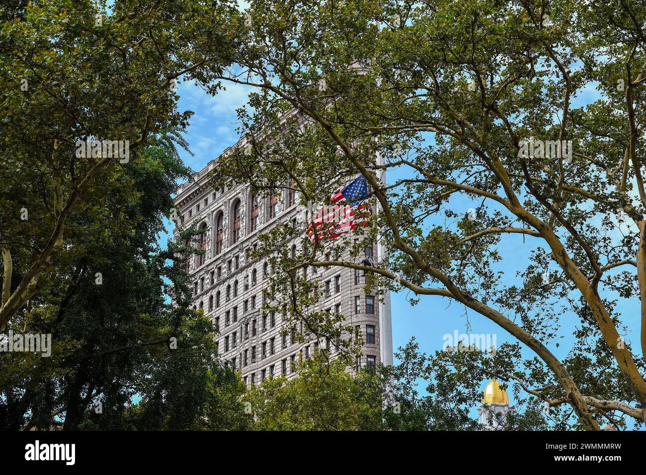 The American Flag and the Flatiron Building seen from the Trees of Madison Square Park ...