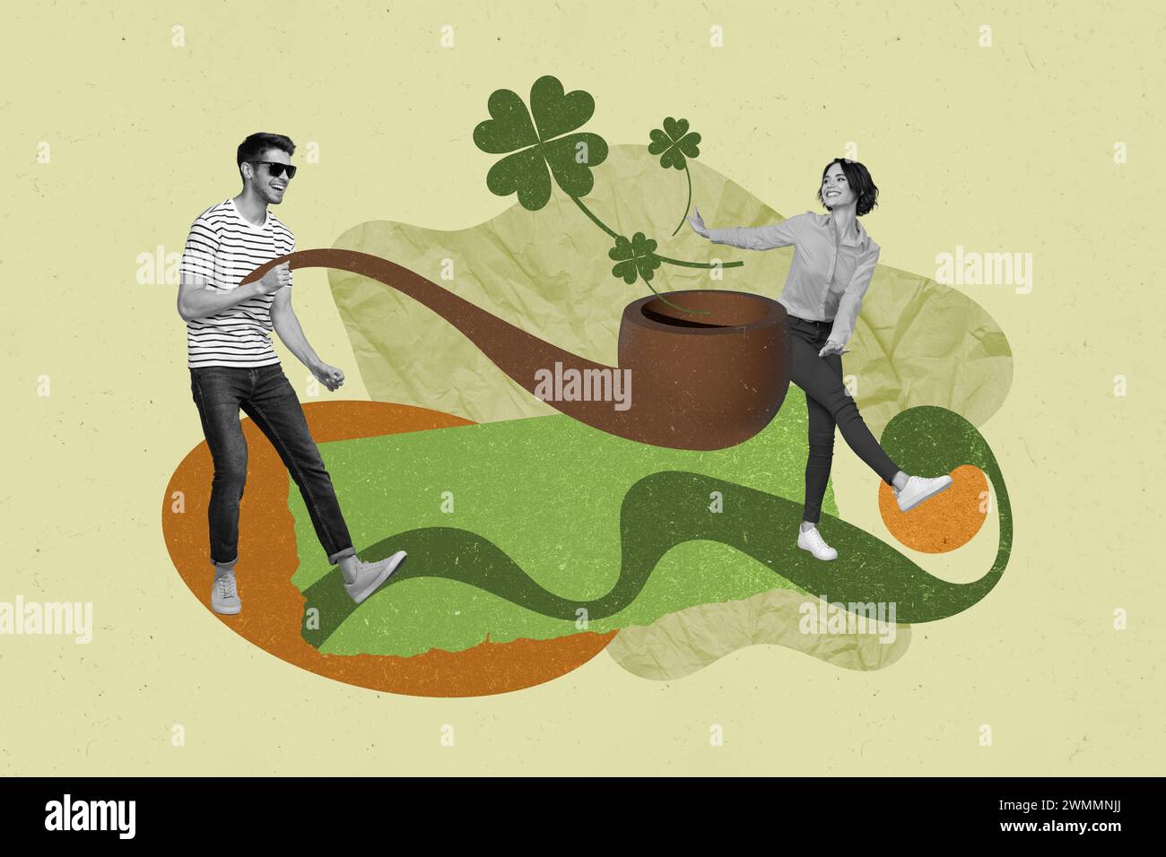 Collage image brochure of happy smiling people smoke pipe green ...