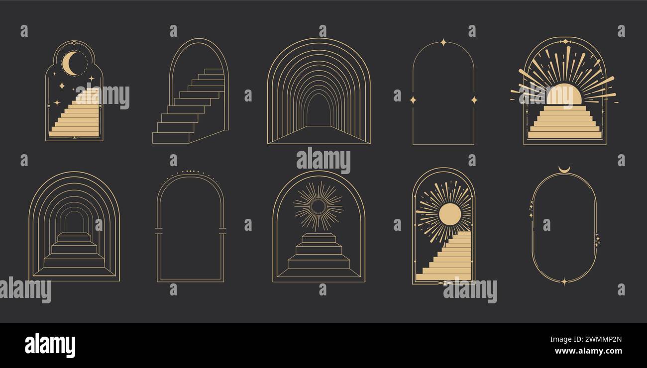 Golden thin line arch frame door stairs, sun and stars, mystic portal ...