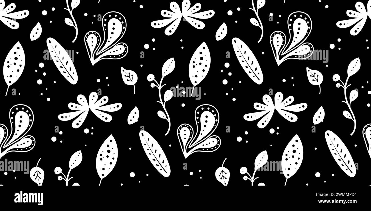 Seamless neo folk art vector pattern with flowers, black and white ...