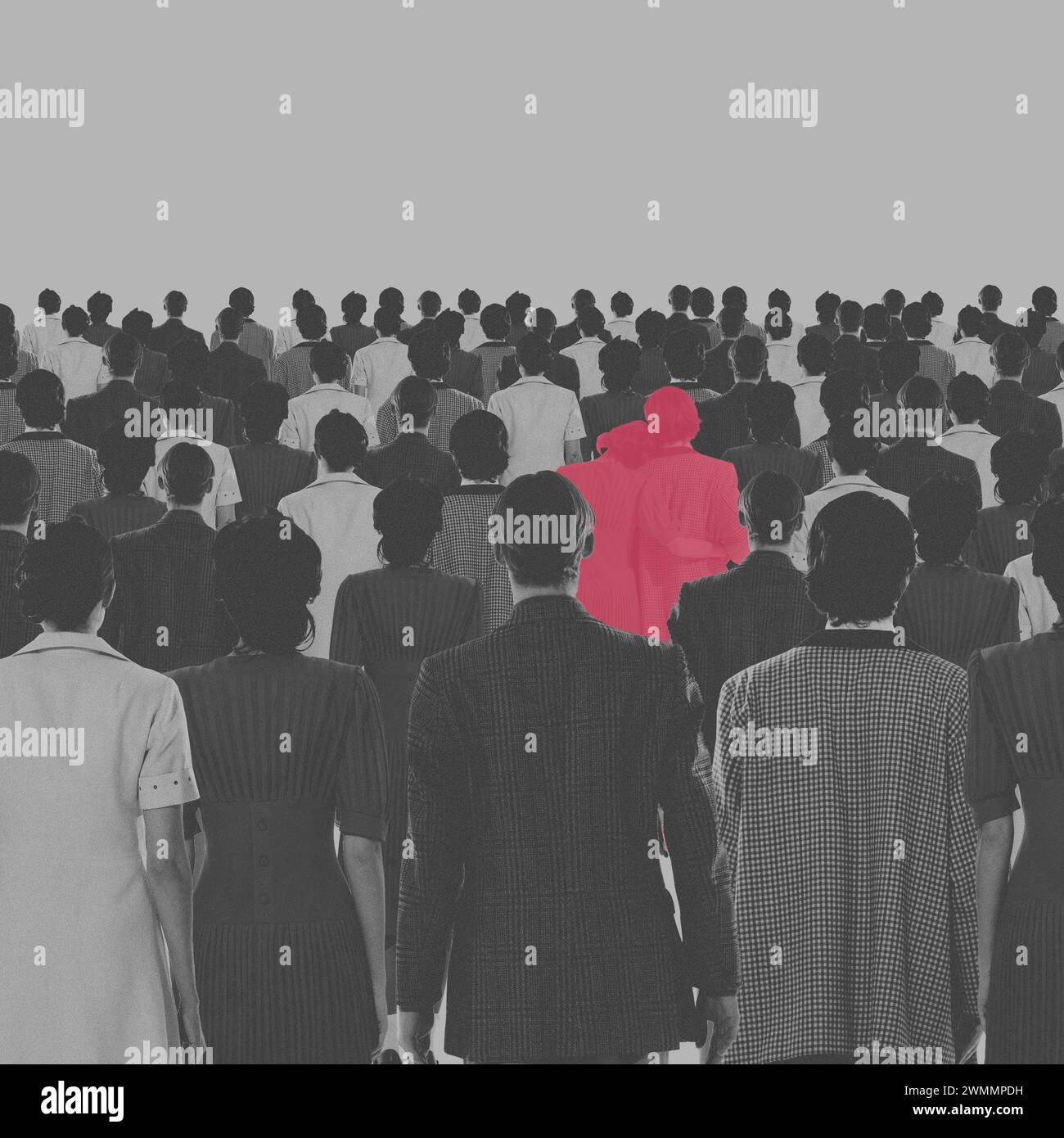 Silhouette of pink hugging couple standing in monochrome crowd. Finding ...