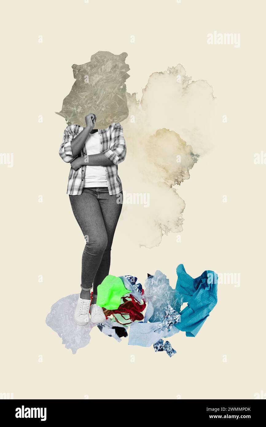 Vertical creative collage poster standing young headless woman ...