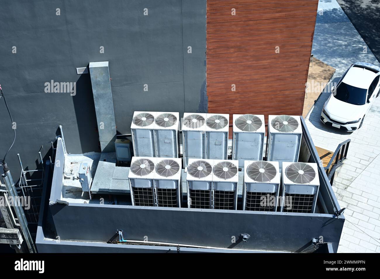 Aerial view of Air conditioner units (HVAC) installed on the roof of ...