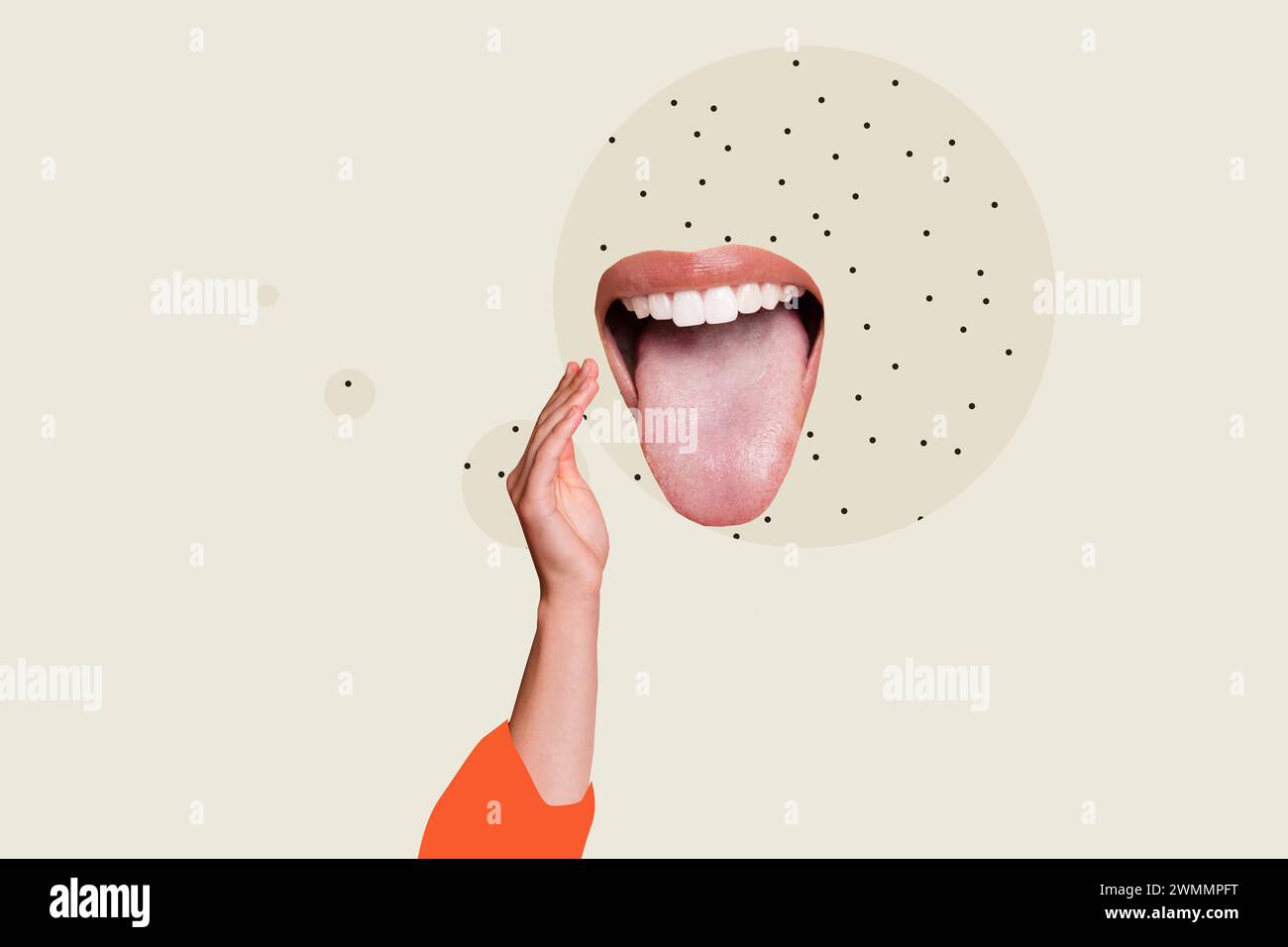 Composite collage image of arm near talking mouth whisper toothy smile ...