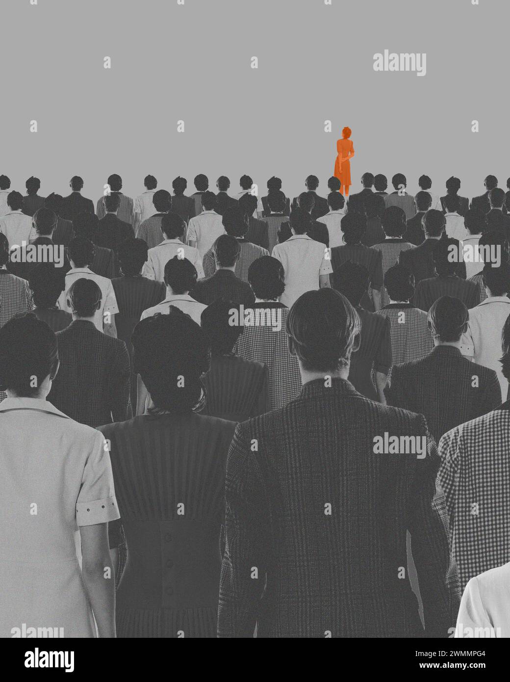 Female orange silhouette standing forward of monochrome crowd. Having ...