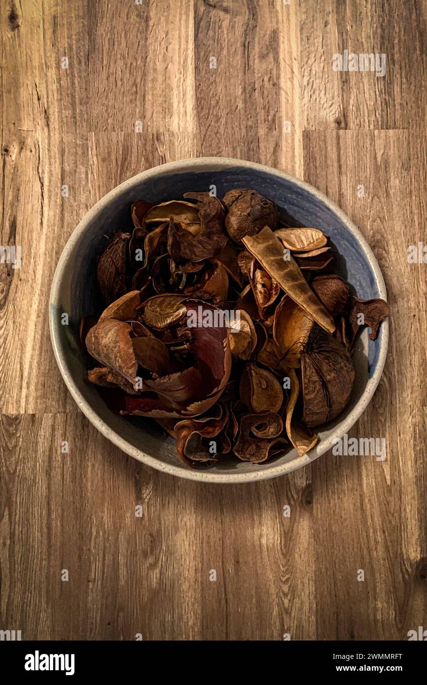 Minimalist still life overhead view of a china dish containing dry ...