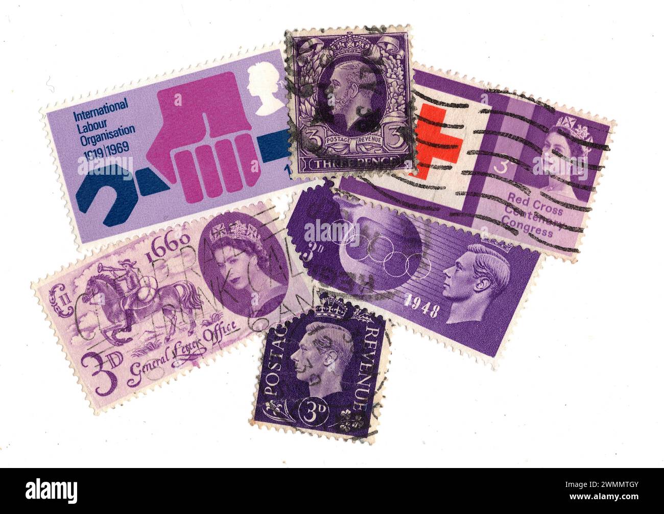 A montage of purple vintage pre decimal postage stamps from the United ...