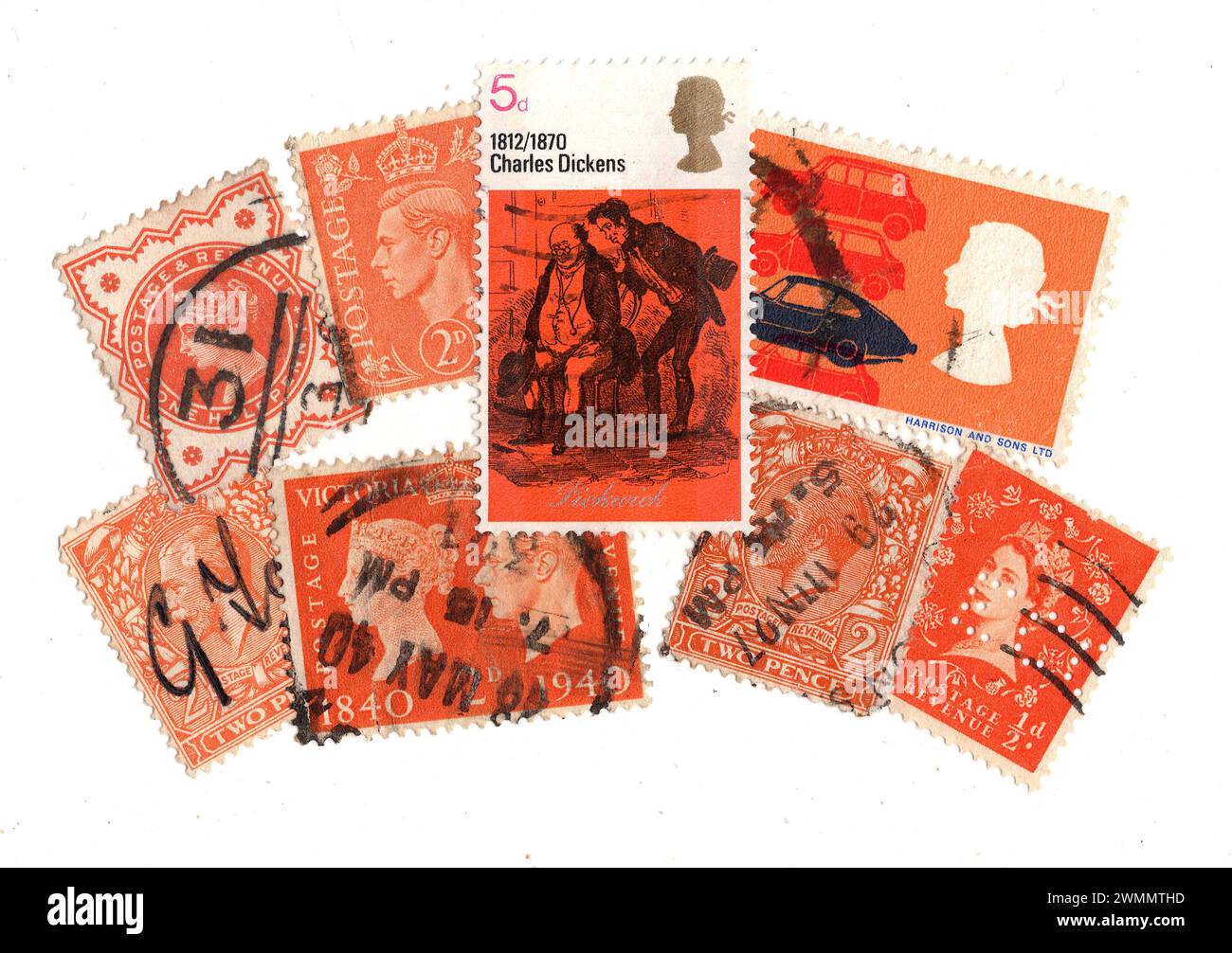 A montage of orange vintage pre decimal postage stamps from the United ...