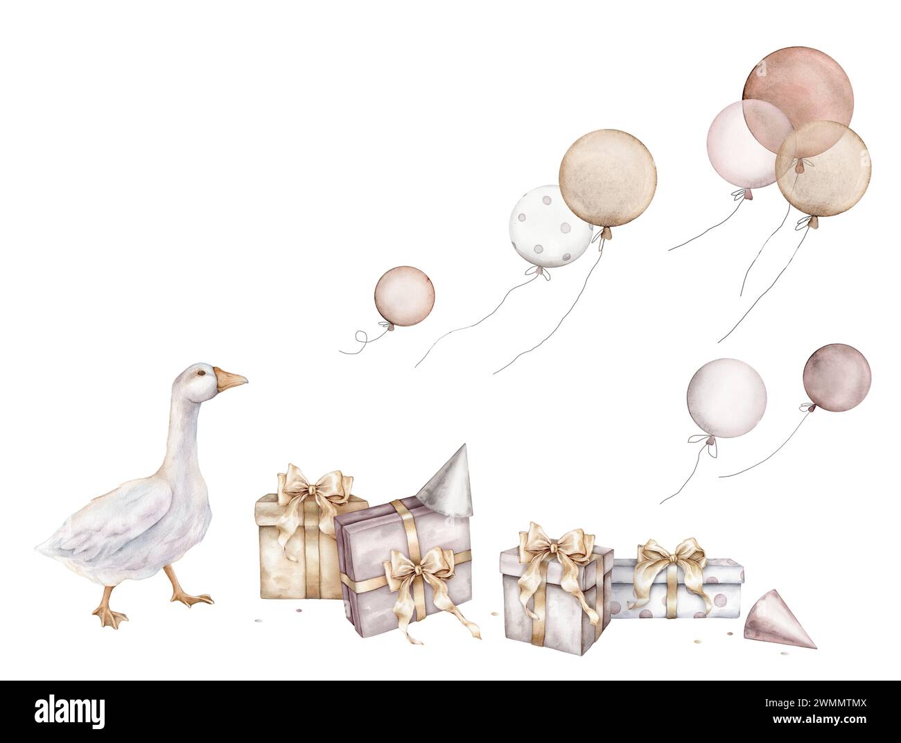 Watercolor gift boxes with gold bows and goose and balloon for birthday ...