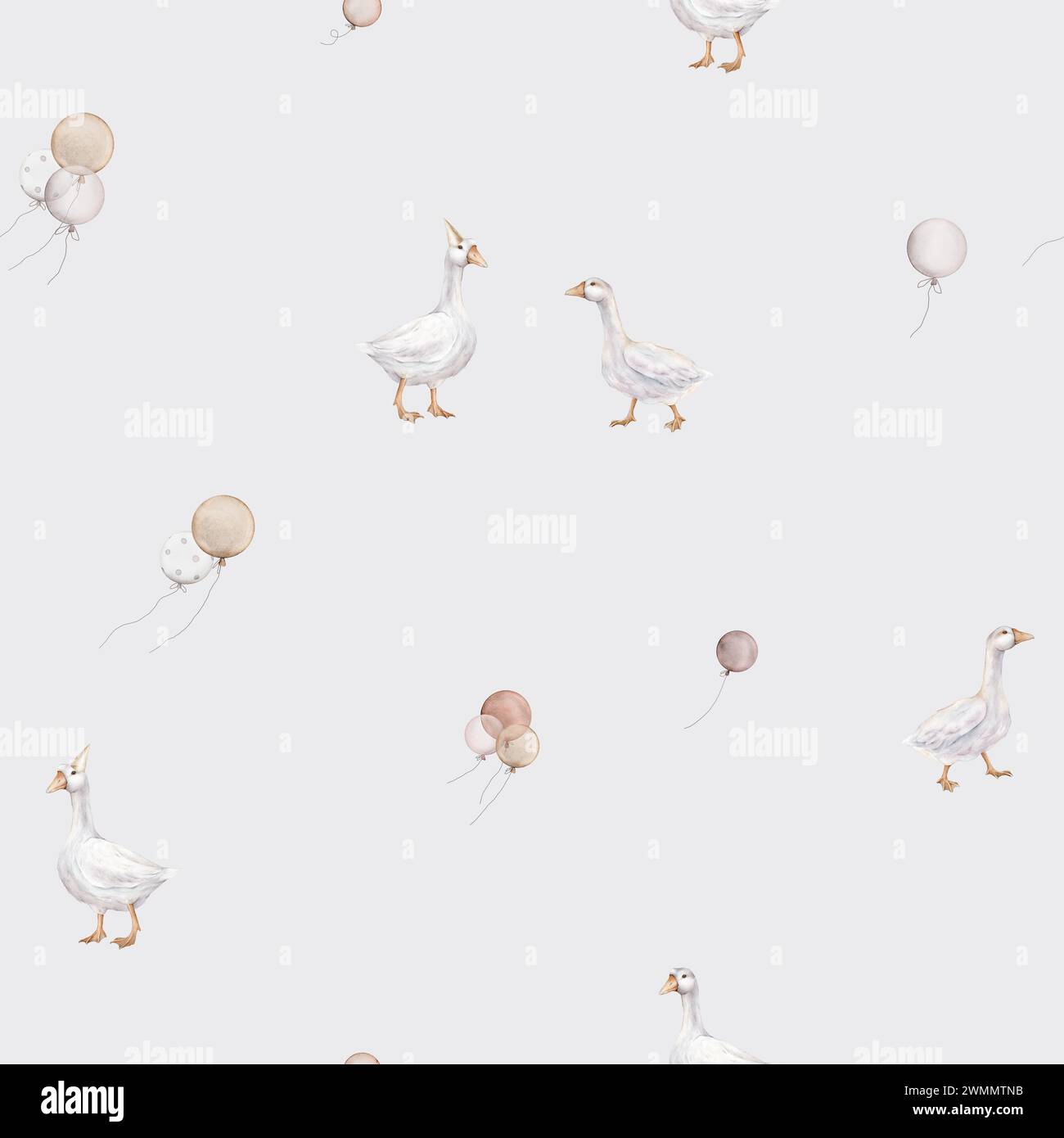 Pattern with Air Balloons and goose. Watercolor seamless background for ...