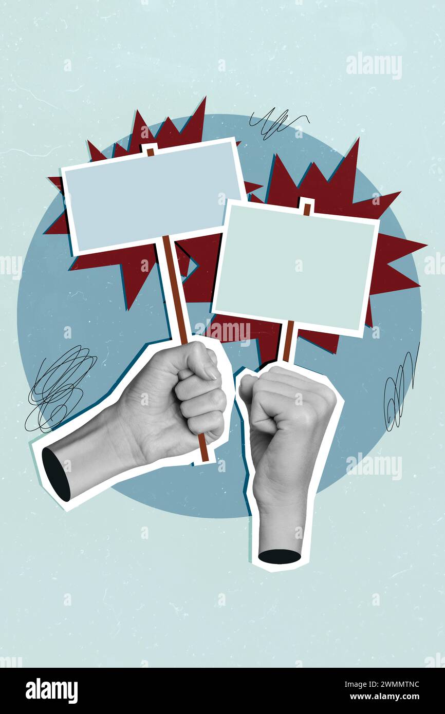 Vertical collage picture of black white colors arms hold sign banner ...