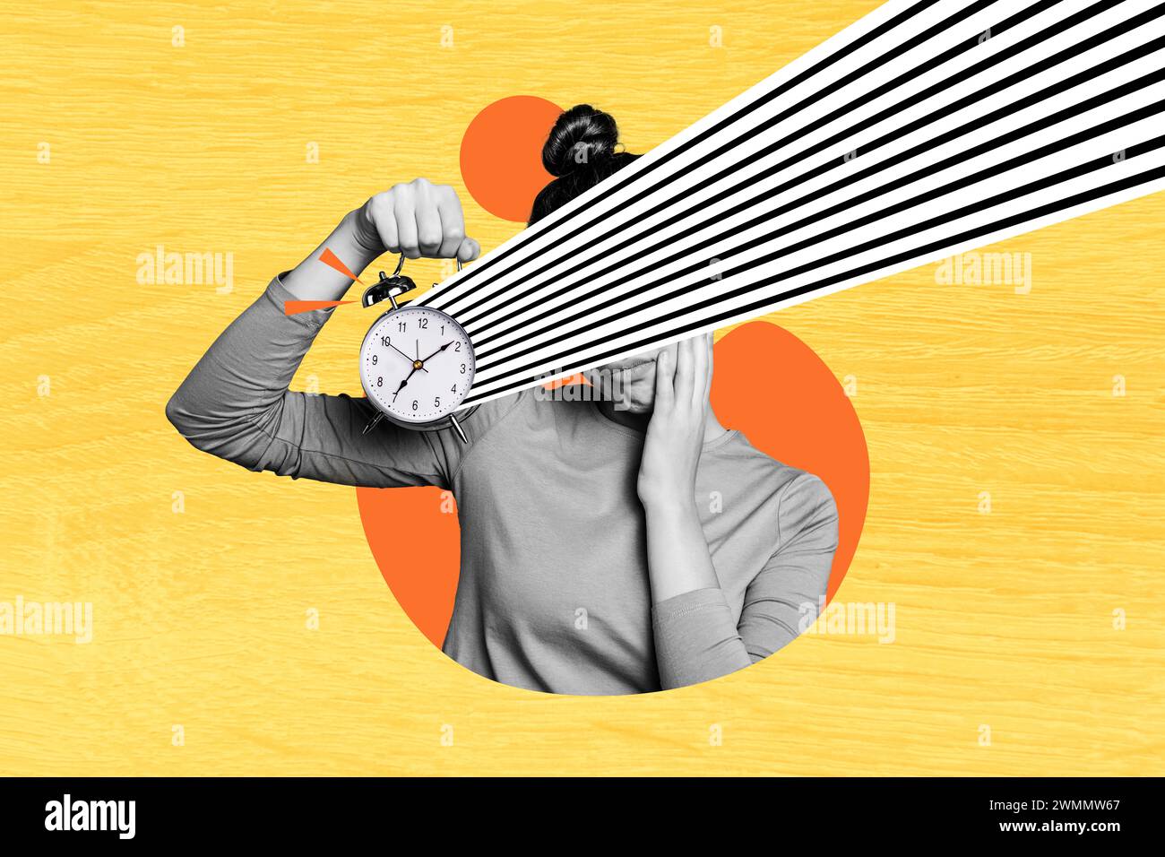 Photo collage artwork minimal picture of unhappy sad lady rising clock ...