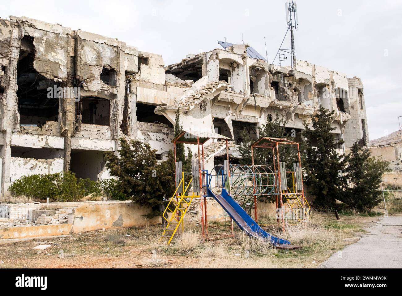 Syria, Ma'lula; Maaloula, Ruins of Safir Hotel bombed out in civil war ...